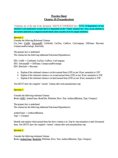 Normalization Practice Sheet Solutions Pdf Data Model Computer Data