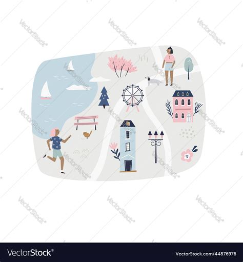 Cute City Map With Streets Parks People Royalty Free Vector