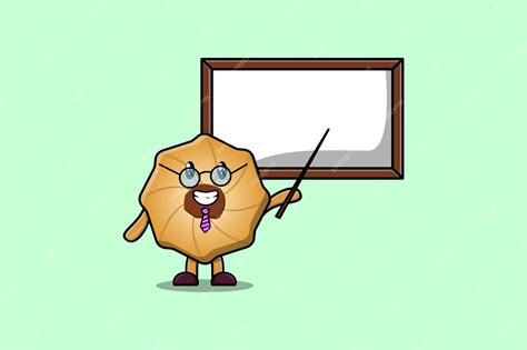 플랫 만화 스타일의 화이트보드로 가르치는 귀여운 만화 쿠키 교사 캐릭터 프리미엄 벡터
