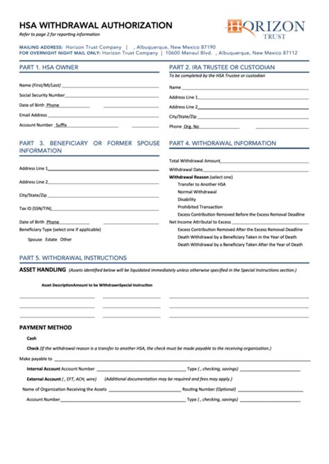 Fillable Hsa Distribution Form Horizon Trust Printable Pdf Download