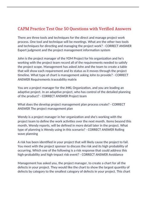 Capm Practice Test One 50 Questions With Verified Answers100 Correct