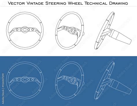 Vintage Car Steering Wheel Vector Line Technical Drawing Set Blueprint