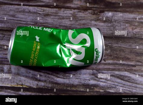 Cairo Egypt January 15 2024 Crushed Dented Lemon Lime Soda Sprite Can Drink A Clear Lemon