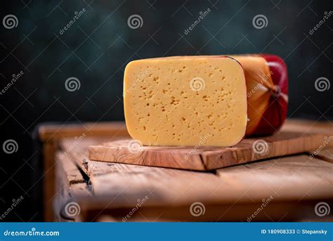 Medium Hard Cheese Gouda Edam On Wooden Board On Sunlight Table