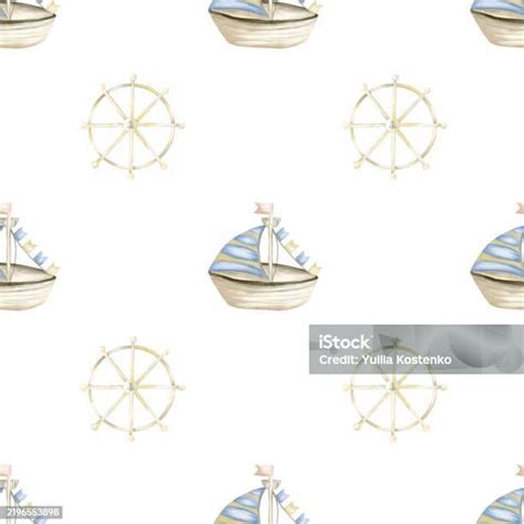 매력적인 해양 수채화 패턴 의 보트 와 선박 바퀴 에서 직물을 위한 연약한 푸른 색조 0명에 대한 스톡 벡터 아트 및 기타 이미지 Istock