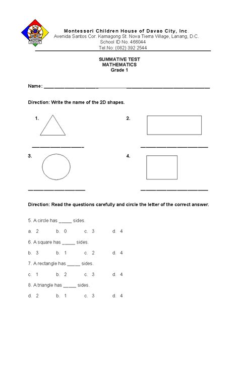 Summative Test Mathematics M O N T E S S O R I C H I L D R E N H O U