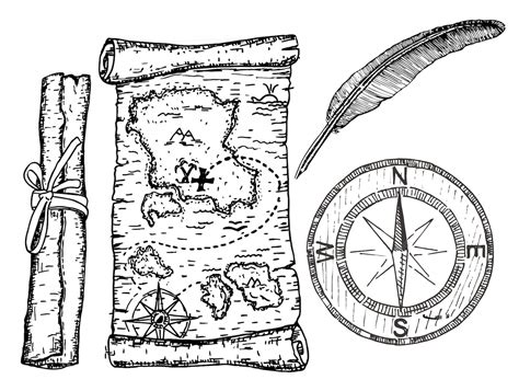Premium Vector Treasure Map Compass And Quill Illustration Of A