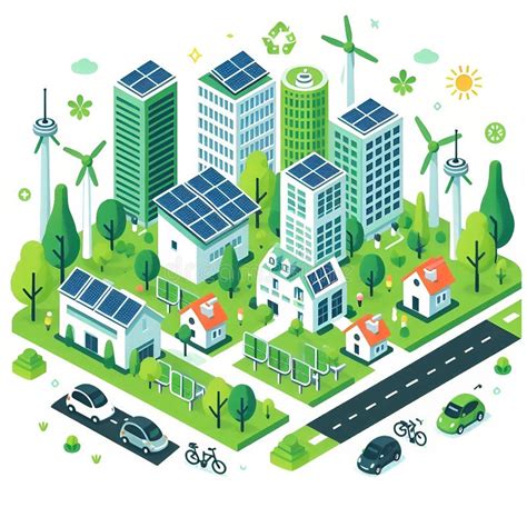 Isometric Eco System Cityscape Illustration With Buildings And Roads Stock Illustration