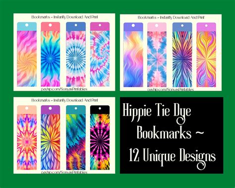 Printable Hippie Tie Dye Bookmarks Retro Tie Dye Bookmarks Boho