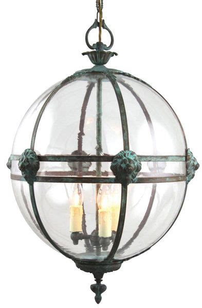 Large Brass Framed Globe Lantern With Lion Heads Verdigris Ceiling