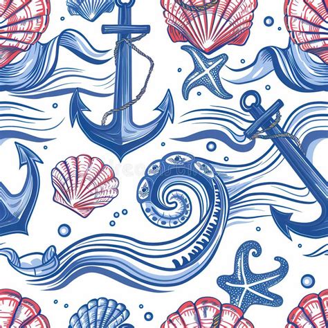 A Vibrant Marine Pattern Showcases Anchors Seashells And Ocean Waves