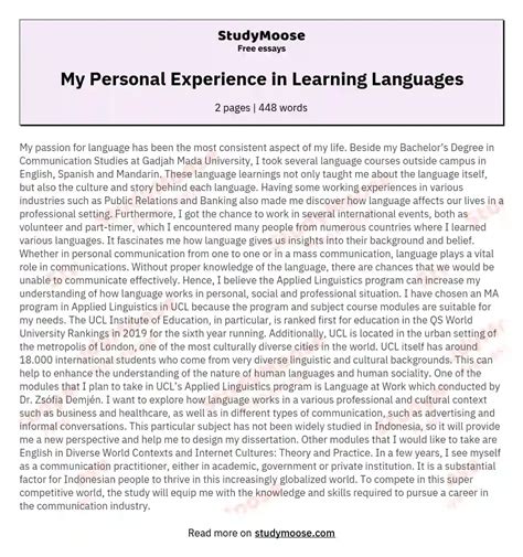 My Personal Experience In Learning Languages Free Essay Example