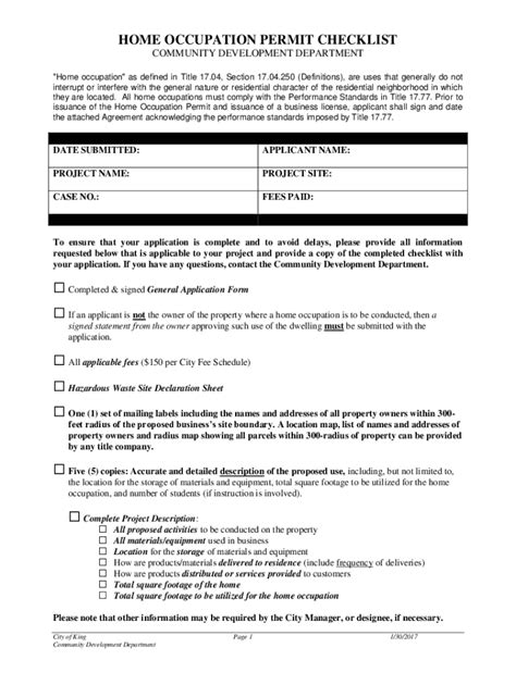 Fillable Online Home Occupation Permit Application Checklist Fax Email