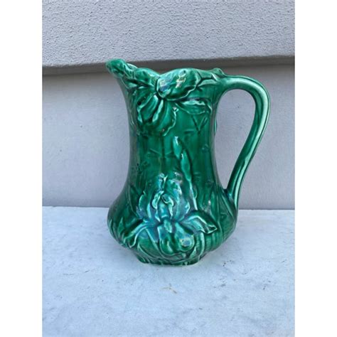 French Green Majolica Iris Pitcher Circa 1900 Chairish