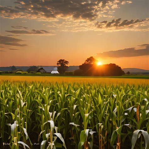 Premium Photo A Field Of Corn With A Sunset In The Background