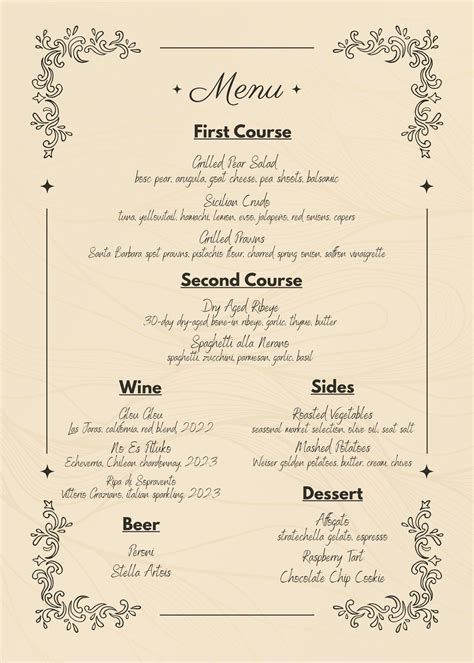 Classic Dinner Menu Template Etsy