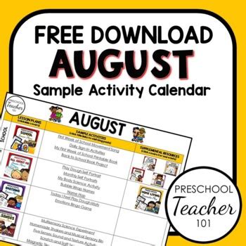 August Sample Activity Calendar For Prek And K By Eceducation101