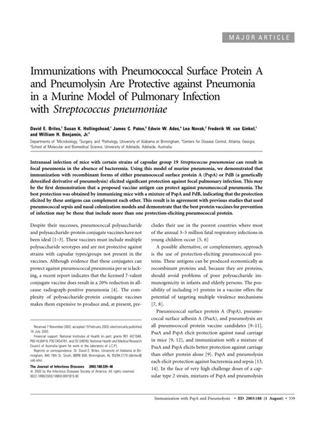 Pdf Immunizations With Pneumococcal Surface Protein A And Pneumolysin Are Protective Against