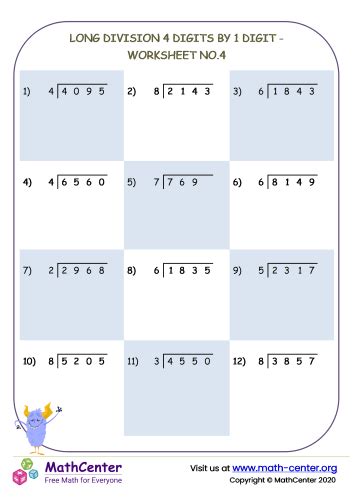 Long Division 4 Digits By 1 Digit Worksheet No4 Worksheets Math
