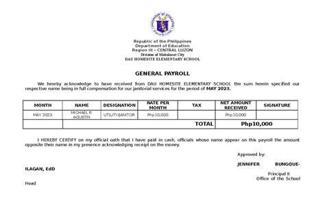 Payroll Michael P Agustin Republic Of The Philippines Department Of Education Region Iii