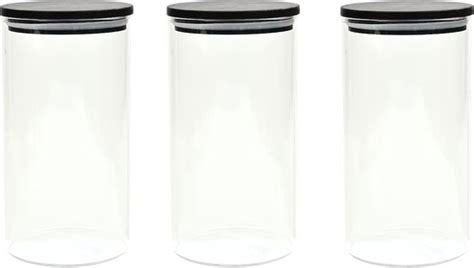 Voorraadpot Met Zwarte Deksel Van Bamboehout 800 Ml Set Van 3