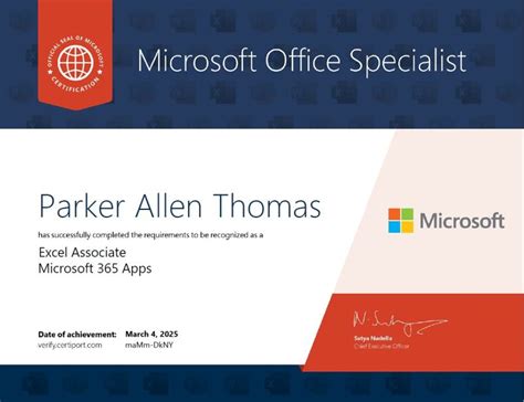 I Received My Ms 365 Excel Associate Certification Today Parker