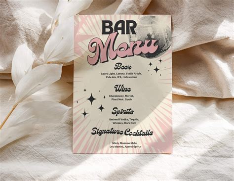 Disco Bar Menu Retro Disco Drinks Menu Disco Bachelorette Party