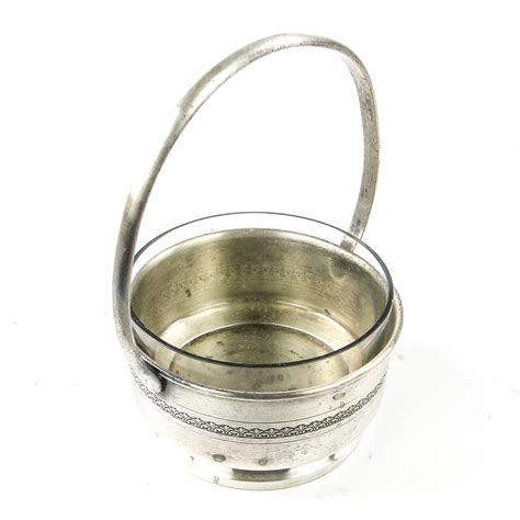 Art Deco Basket Form Sugar Bowl Silver Plated Brass Glass Poland