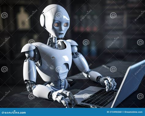 Android Artificial Intelligence Robot Cyborg Working on a Laptop in Office, Robot Replace Human ...