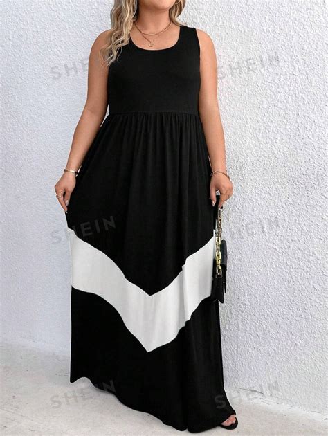Shein Curve Plus Size Color Block A Line Sleeveless Casual Dress