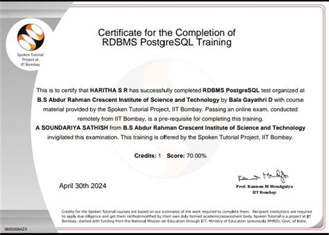 Completed Postgresql Training With Spoken Tutorial Project Haritha Rathakrishnan Posted On The
