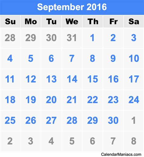 September 2016 Calendar