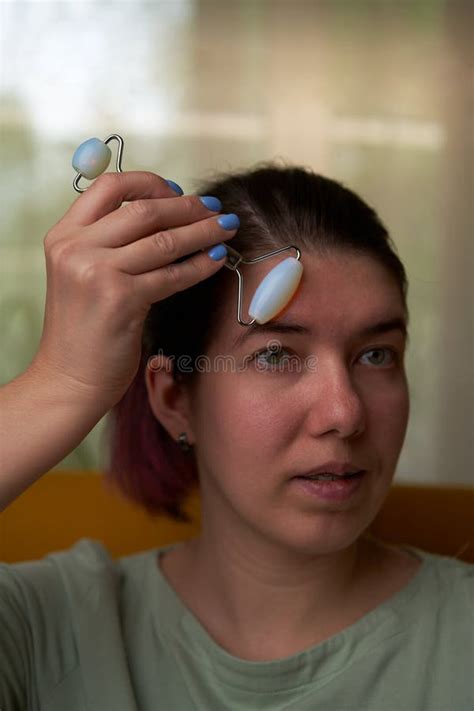 Woman Is Massaging Her Face Roller Stock Image Image Of Hygiene
