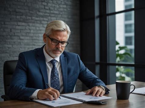 A Man In A Suit Sits At A Desk With A Pen And A Pen In His Hand