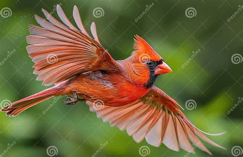A Red Cardinal Bird In Flight With Spread Wings Against A Green Background Stock Image Image