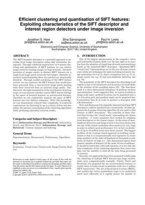 Pdf Efficient Clustering And Quantisation Of Sift Features