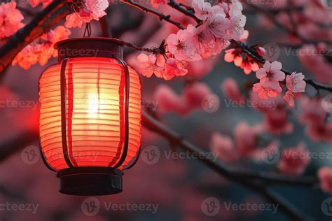 Red Japanese Paper Lantern Hanging From Cherry Blossom Tree Branch