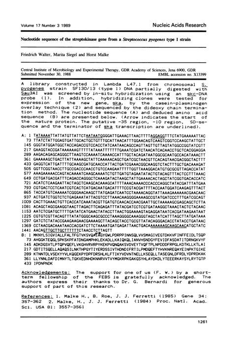 Pdf Nucleotide Sequence Of The Streptokinase Gene From A Streptococcus Pyogenes Type I Strain