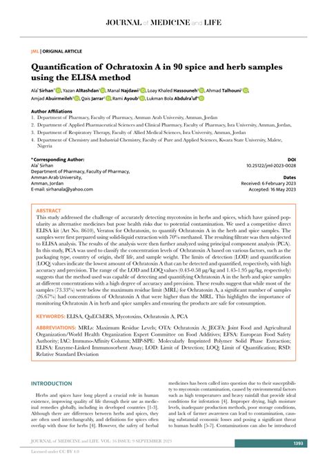Pdf Quantification Of Ochratoxin A In 90 Spice And Herb Samples Using