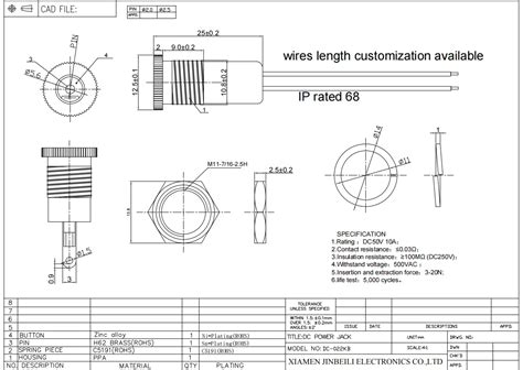 Ip68 Rated Waterproof Panel Mount Dc Power Jack Bulkhead Cable Assembly
