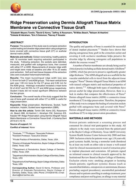 Pdf Ridge Preservation Using Dermis Allograft Tissue Matrix Membrane Vs Connective Tissue Graft