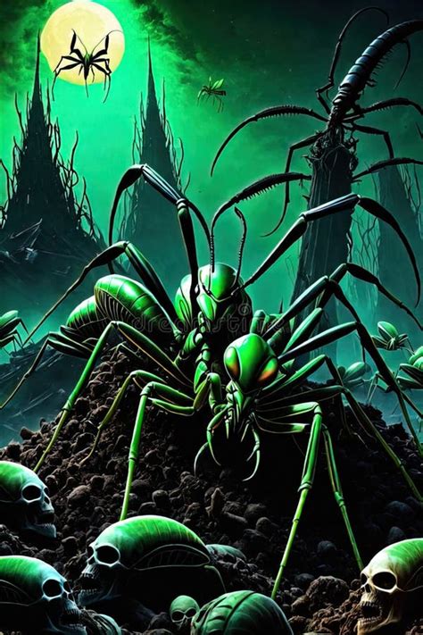 Alien Mantis Horror Spooky Terror Above A Pile Of Corpses Stock