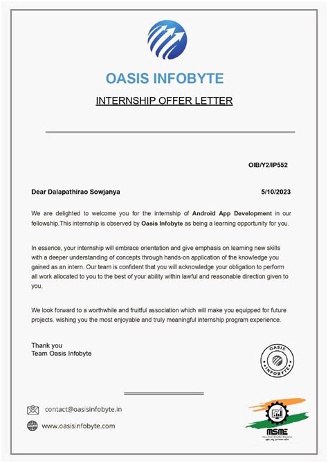 Sowjanya D On Linkedin Oasisinfobyte Internship Offerletter Androidappdevelopment