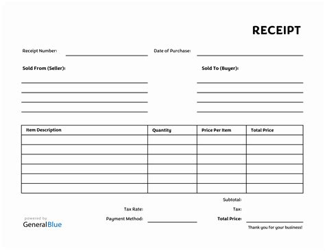 Free Receipt Template In Excel Printable