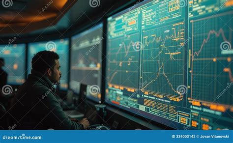Analyst Observing Data Trends On Multiple Screens In A Control Room