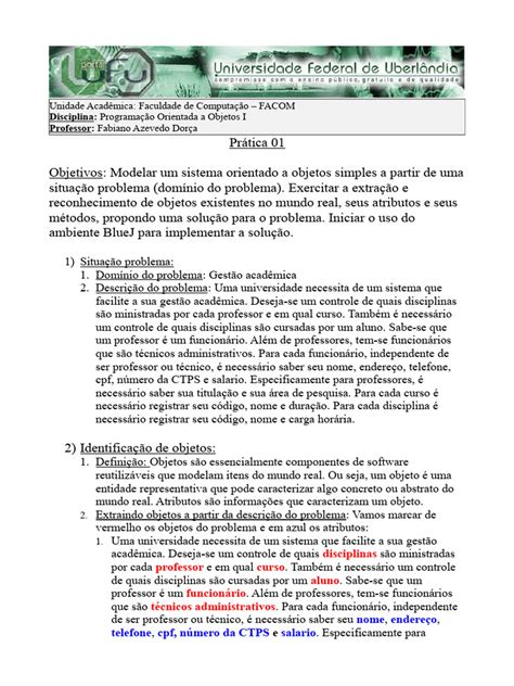 Pratica 01 Reconhecimento De Classes E Pdf Classe Programação De Computadores Método