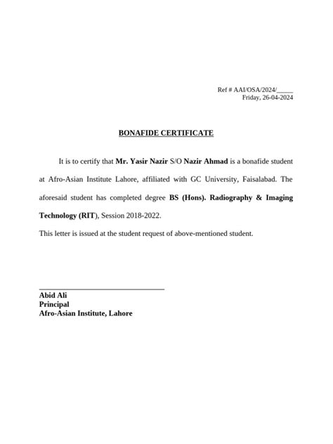 Yasir Nazir Bonafide Certificate Rit 2018 22 Pdf