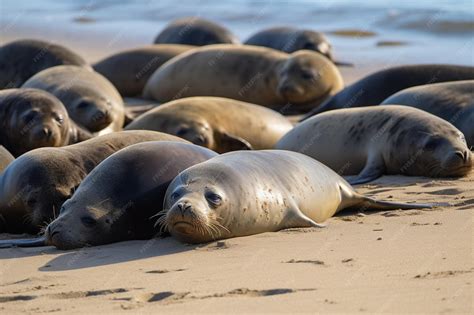 Un Grupo De Focas Tomando El Sol En La Playa Representando La