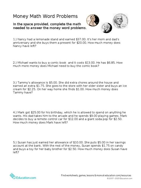 Money Math Word Problems Worksheet