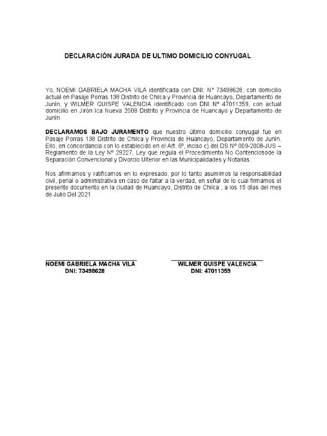 Declaración Jurada De Último Domicilio Conyugal Pdf
